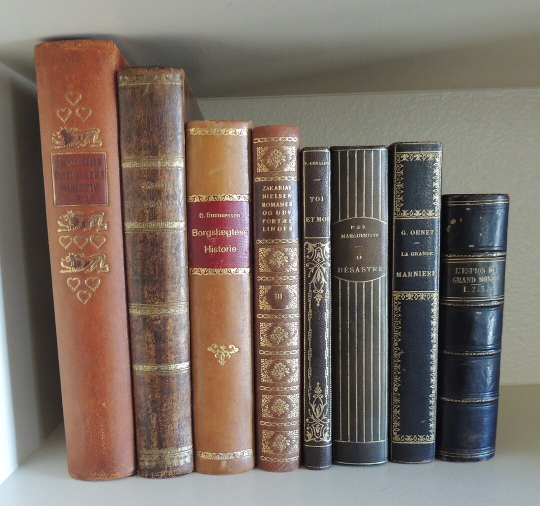 LEATHER BOOK STACK 8 Antique Hardcovers W/ Leather Spines 6.259.5 in ...