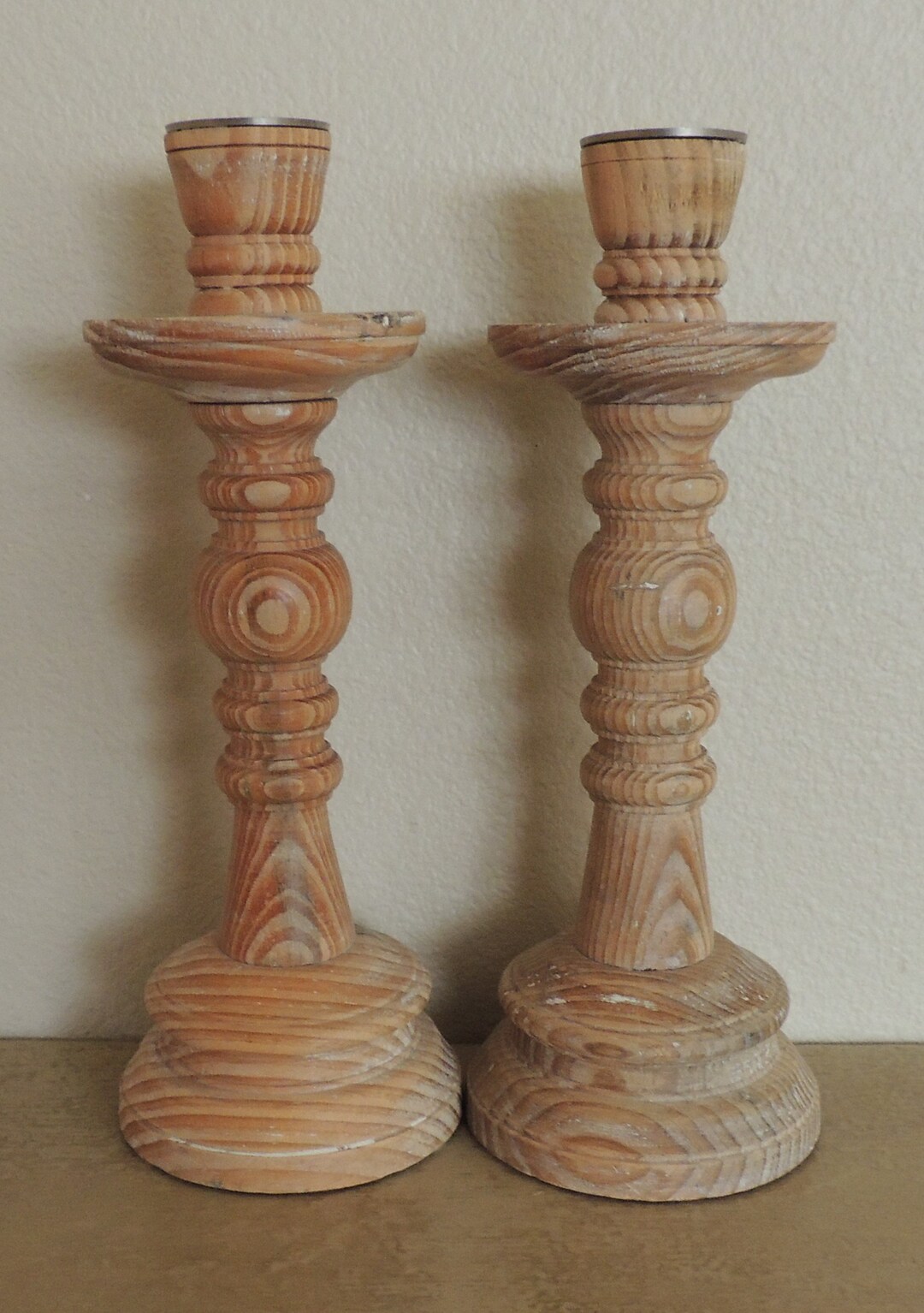 TURNED WOOD CANDLESTICKS Vintage Set of Two 10.5 Tall Natural Wood ...