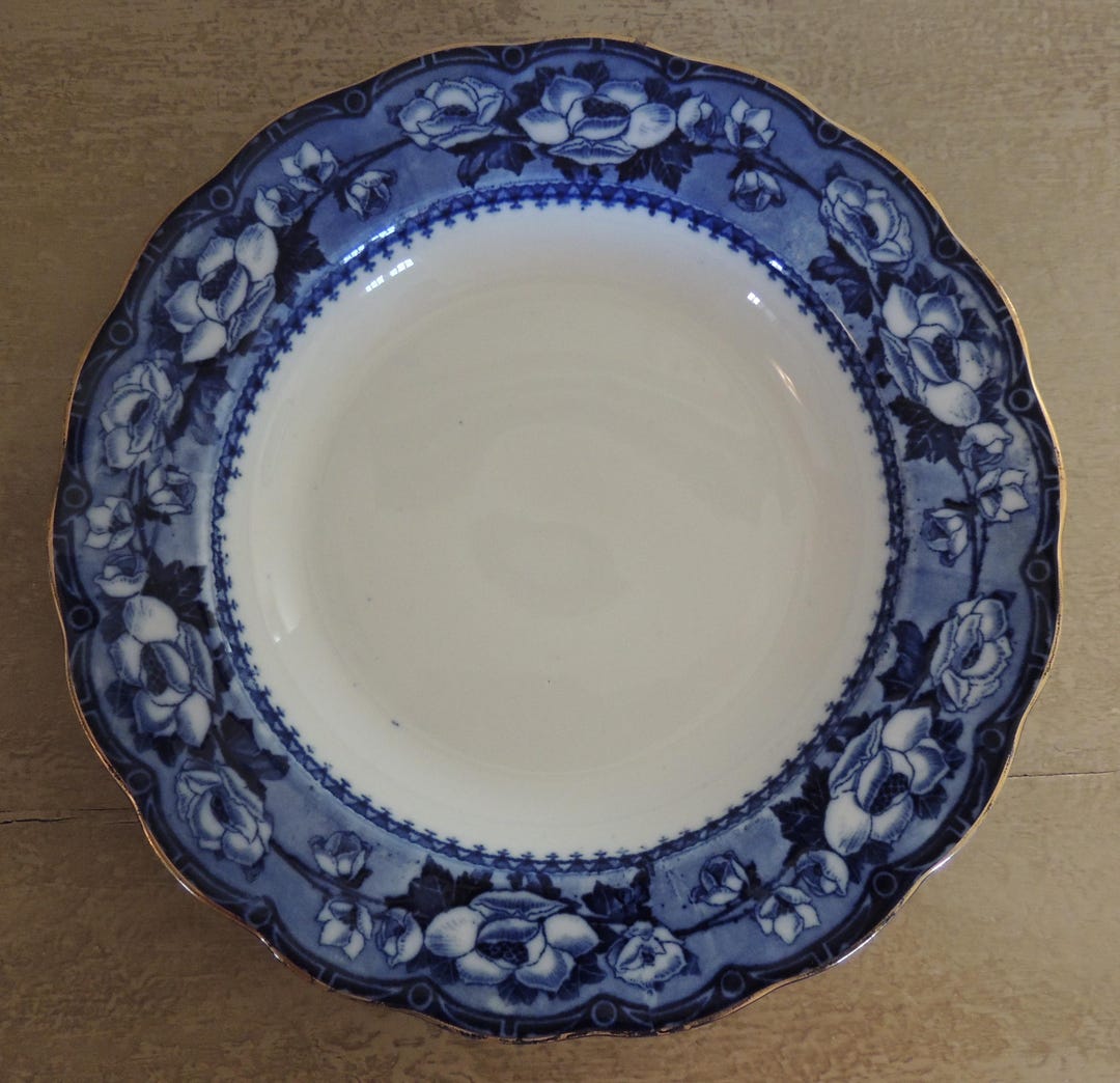 FLOW BLUE SOUP Bowl (some Damage) Antique 1800s Bishop & Stonier Bisto ...