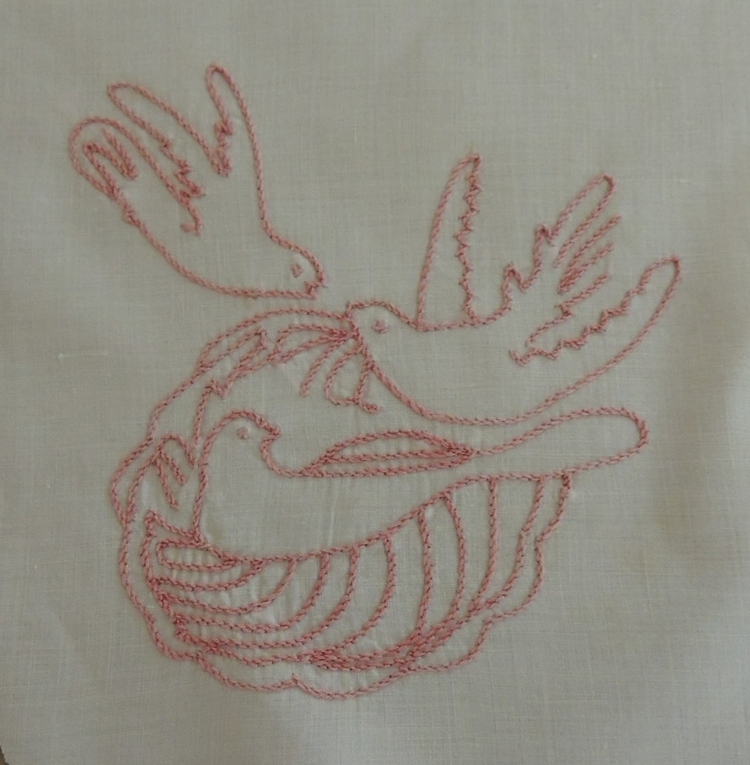 4 EMBROIDERED SQUARES Vintage Pink Hand-stitched Birds on Nest Patches ...