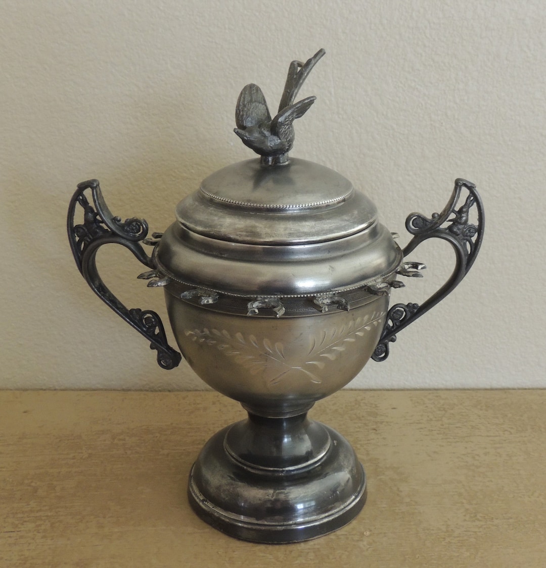 ANTIQUE SILVER SPOONER W/bird Finial Victorian Silverplate Sugar Bowl ...