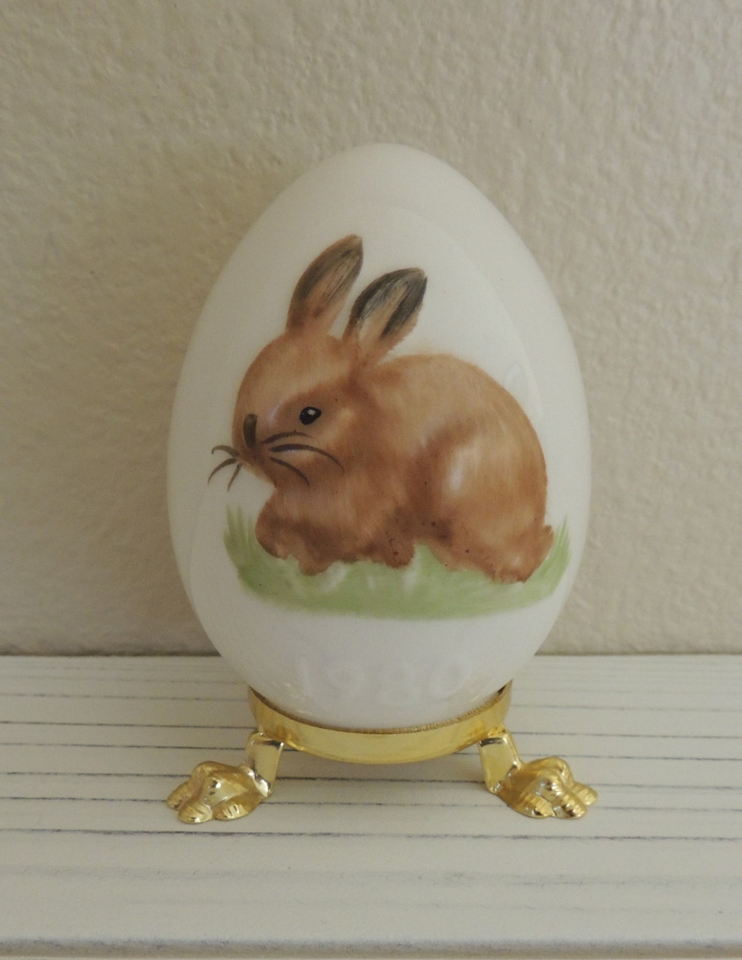 PORCELAIN EGG Collectible GOEBEL Hand Painted Brown Bunny 1980 W ...
