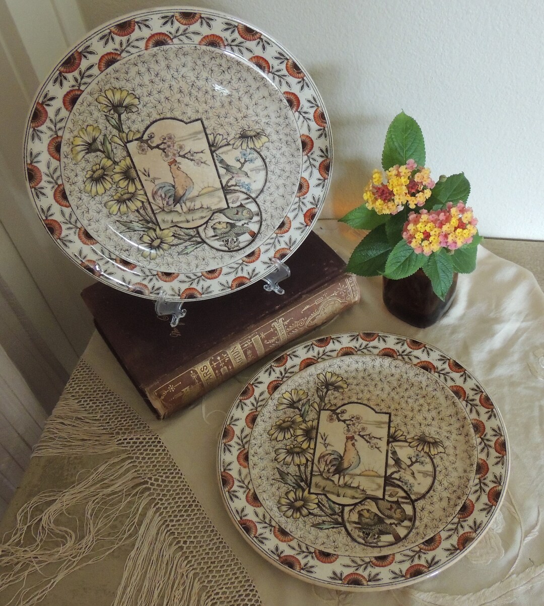 2 RIDGWAYS DEVONSHIRE 9.25" Polychrome Plates (age Darkened) 1885 Stoke ...