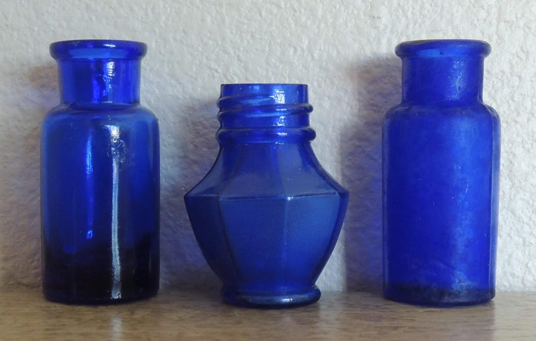 3 TINY BLUE GLASS Containers Vintage Cobalt Bottles and Old Salt Shaker ...