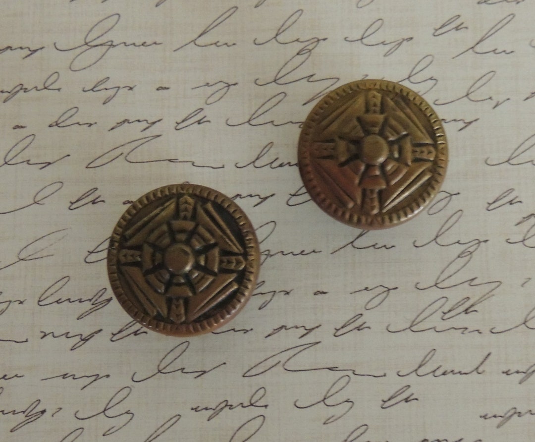 2 Antique WOOD & BRASS Drawer Pulls 1 1/8" Across 3/4" Deep Embossed ...