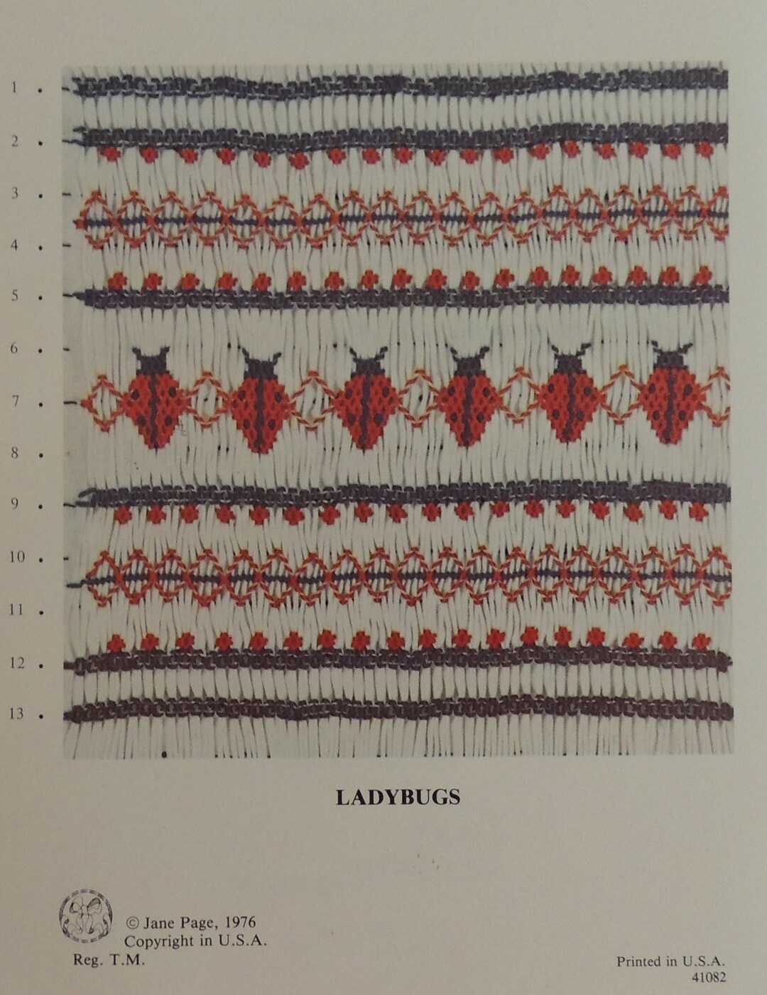 SMOCKING PATTERN Plate ladybugs Jane Page Diagram and Instructions 1976 ...