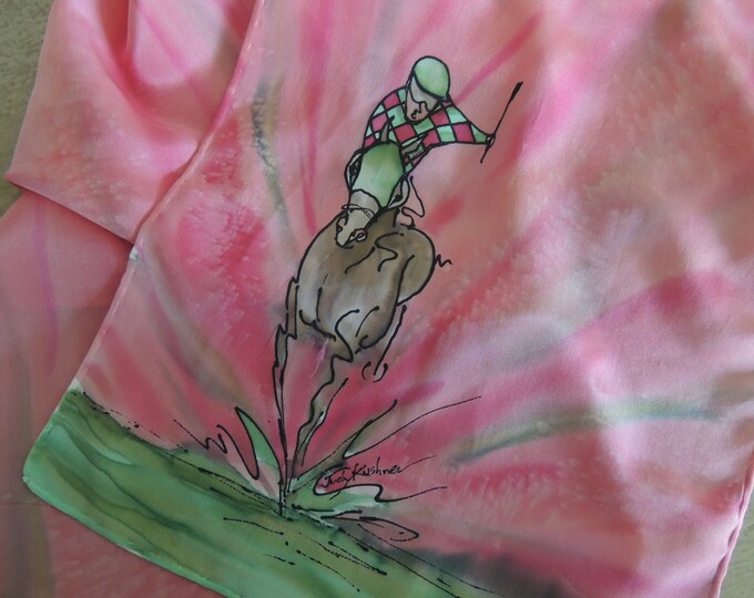 JUDY KUSHNER SCARF Horse & Jockey Hand-colored Silk 11" X 57" Rich ...