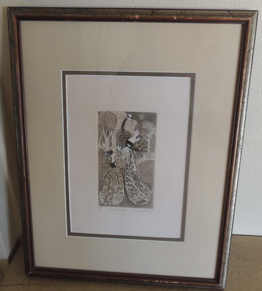 ARTIST PROOF "blue Birds" Vintage Signed Print Victorian Woman and Girl ...