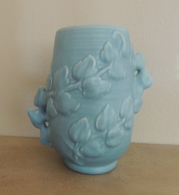 RED WING POTTERY 9 Blue Vase With Applied Floral Design | Etsy