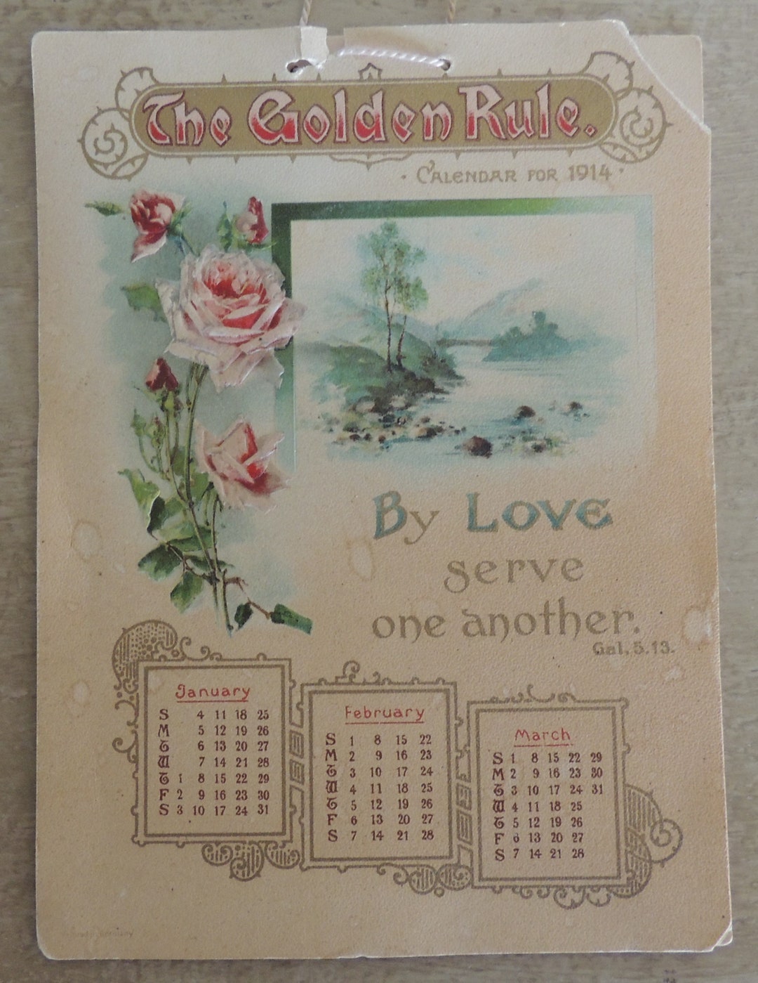 1914 GOLDEN RULE CALENDAR Antique 5 by 6.75 Quarterly Decorated Cards ...