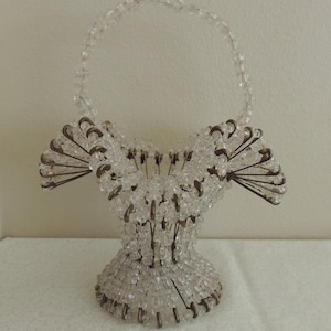 BEAD & SAFETY PIN Basket Vintage 10 Tall Handmade Retro Decor Clear ...