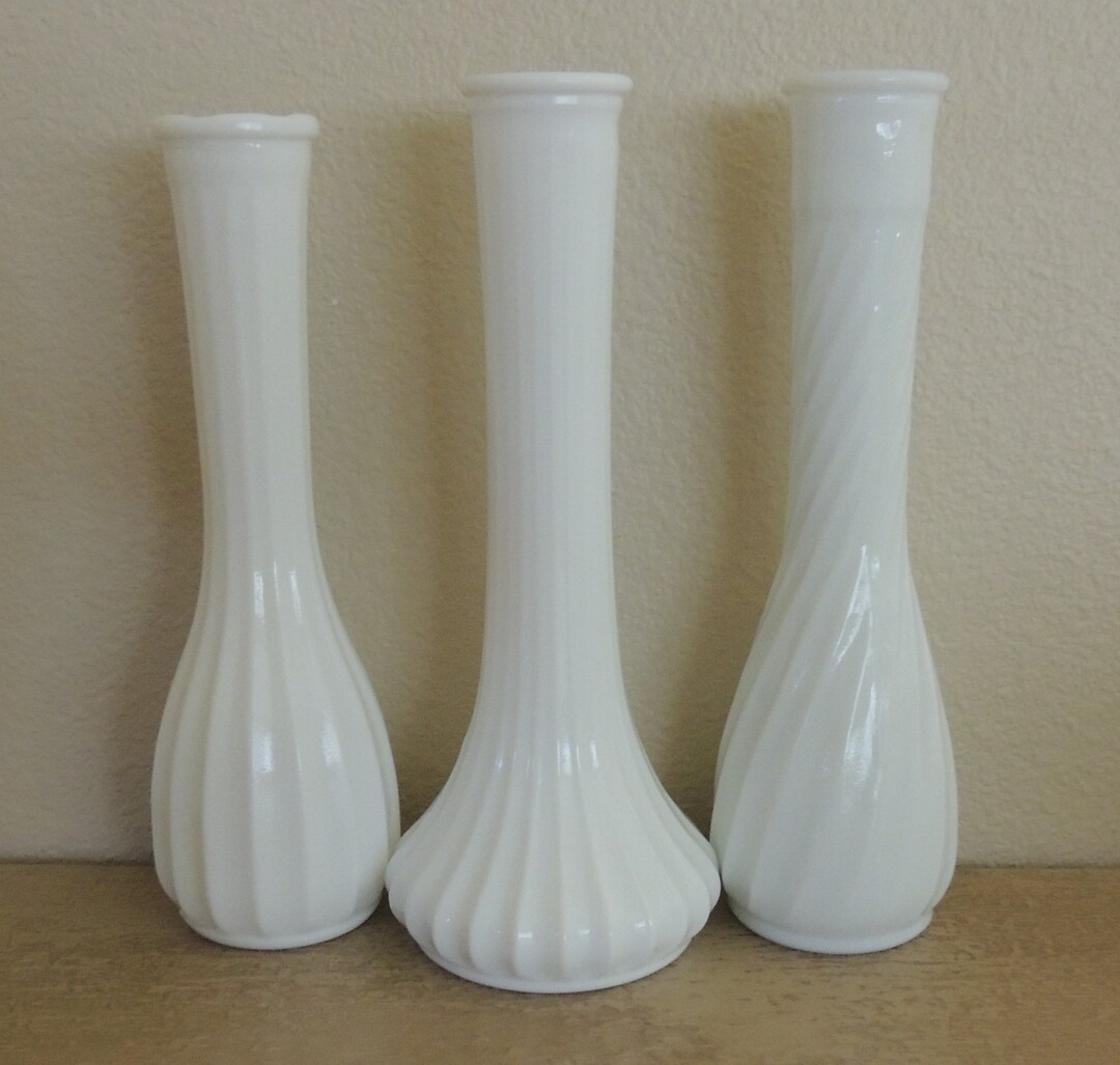 3 WHITE GLASS VASES Vintage Milk Glass Bud Vases 8.75" to 9" Tall Midcentury Glass Collection ...