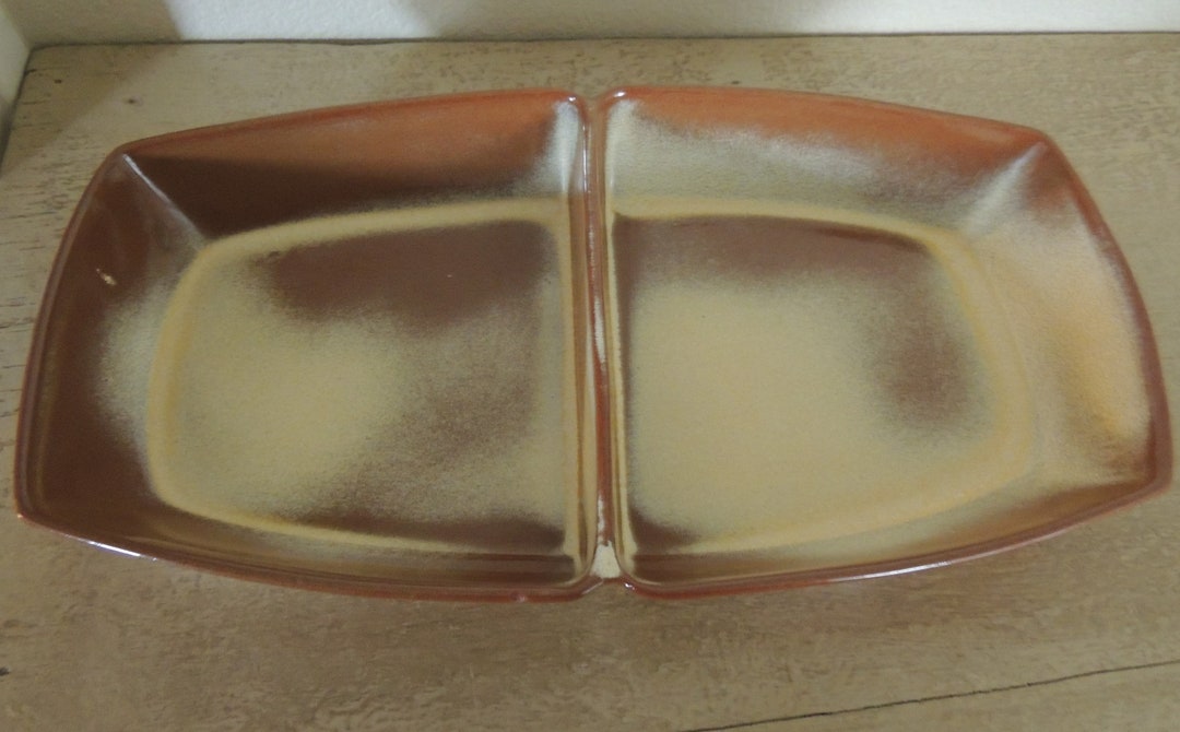 FRANKOMA POTTERY Vintage 13.5" Divided Serving Dish Brown & Gold "5qd ...