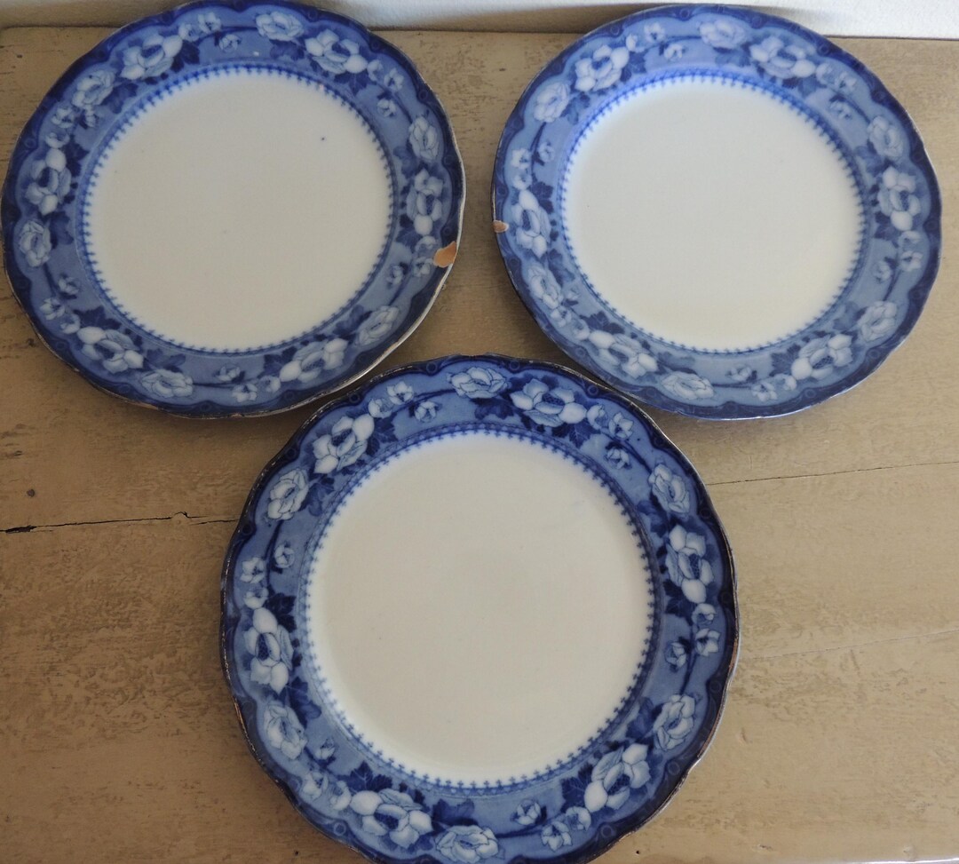 3 CHIPPY FLOW BLUE Luncheon Plates 9.5" Antique Plates 1800s Bishop ...