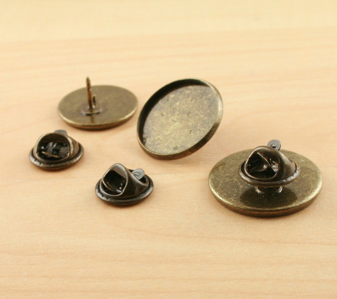 100 BRONZE Tone Tie Tack Brooch Pin 16mm, 18mm, 20mm Bezel Blank ...