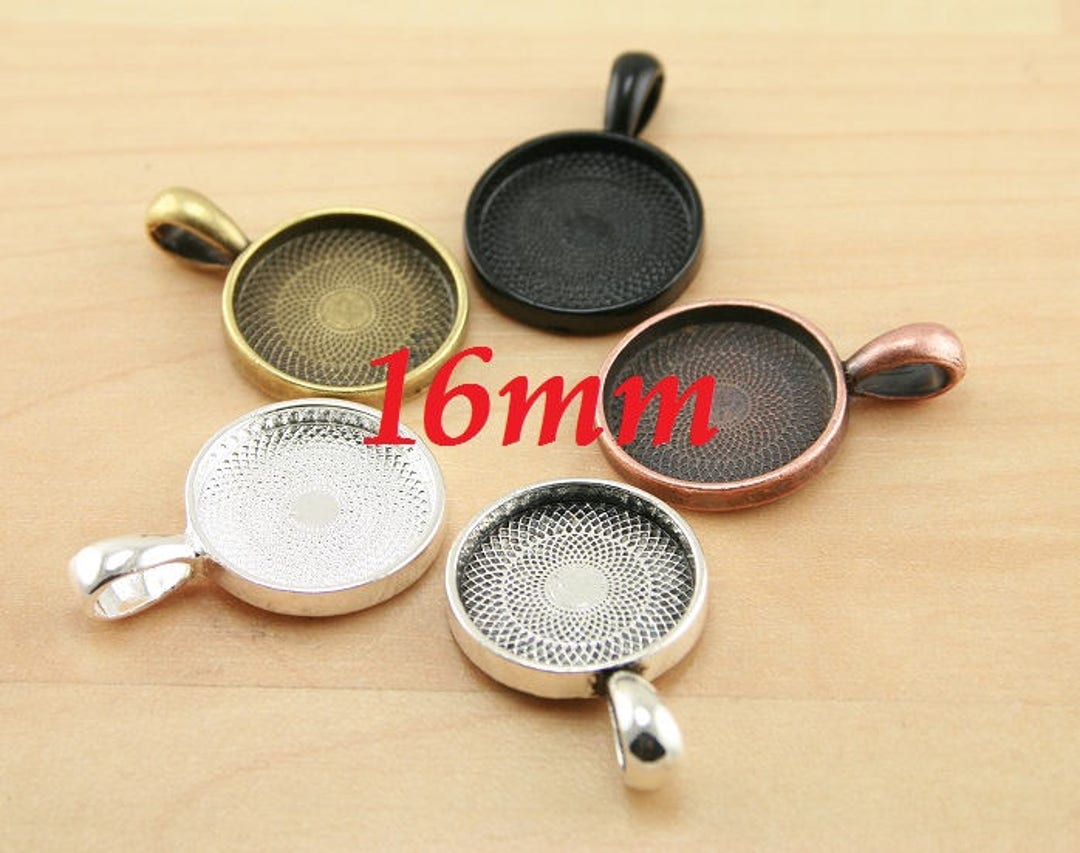 10 - Large Bail 16mm ROUND Alloy Pendant Tray and Optional 16mm Glass ...