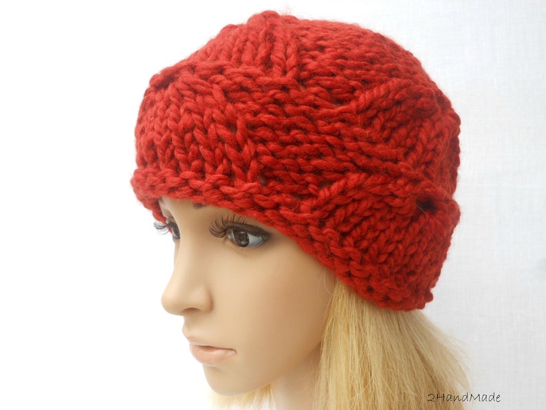 Super Chunky Cable Knit Hat Sheep Wool Beanie Unisex Red Ginger Men ...