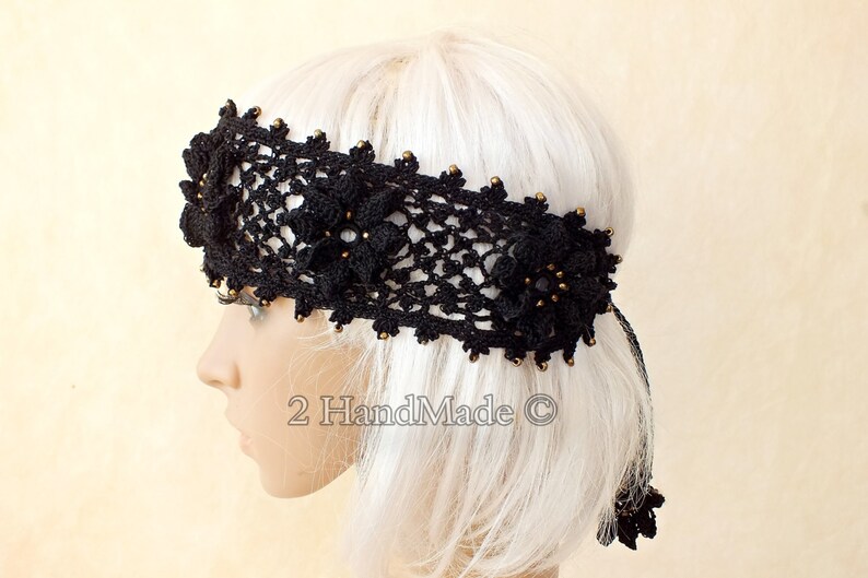 Black OOAK Irish Lace 3D Crochet Headband Dreadlock Head Wrap - Etsy