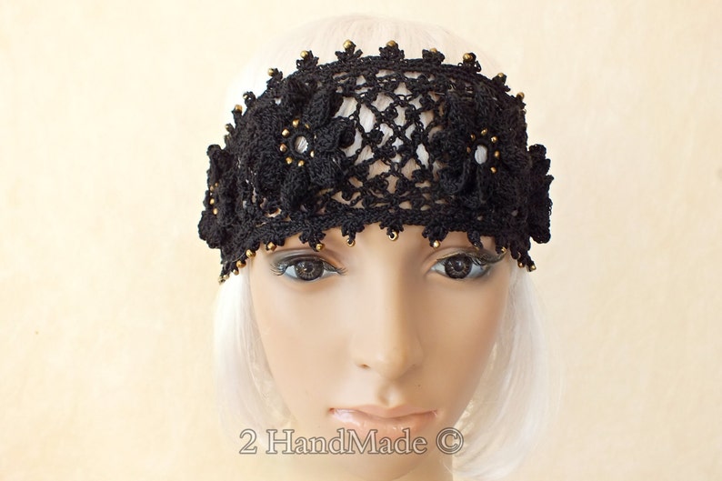 Black OOAK Irish Lace 3D Crochet Headband Dreadlock Head Wrap | Etsy