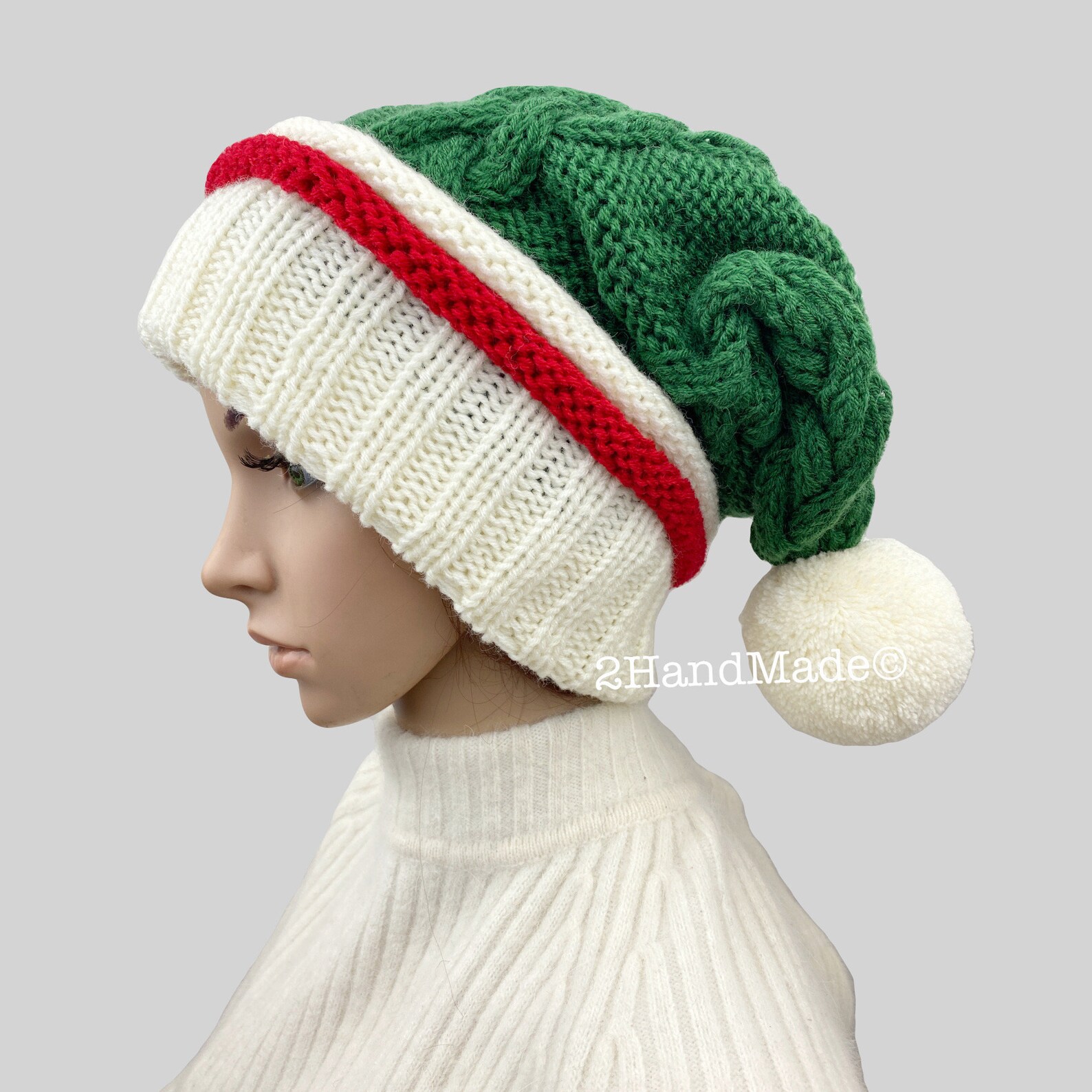 Handmade Cable Knit Santa Hat: Adult Green, Red, & White Merino Wool - Etsy
