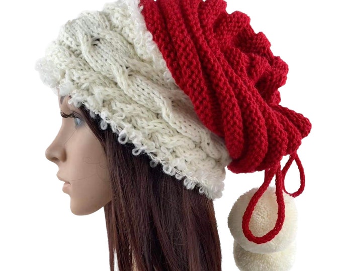 Santa Hat Adult Unisex Cable Knit Oversized Beret Baggy Neck - Etsy