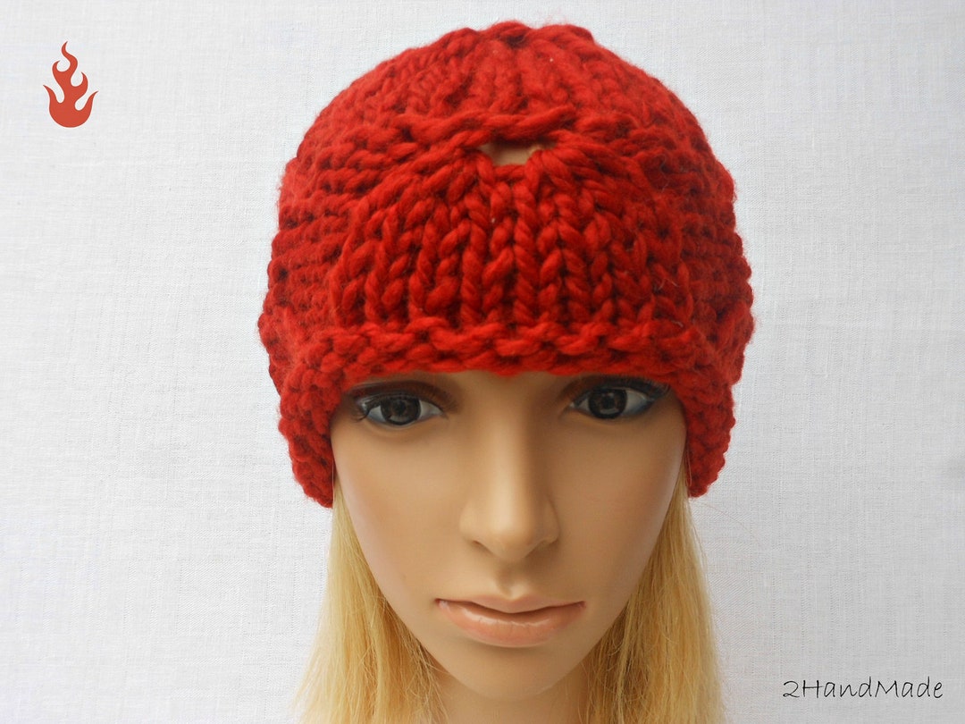 Super Chunky Cable Knit Hat Sheep Wool Beanie Unisex Red Ginger Men ...