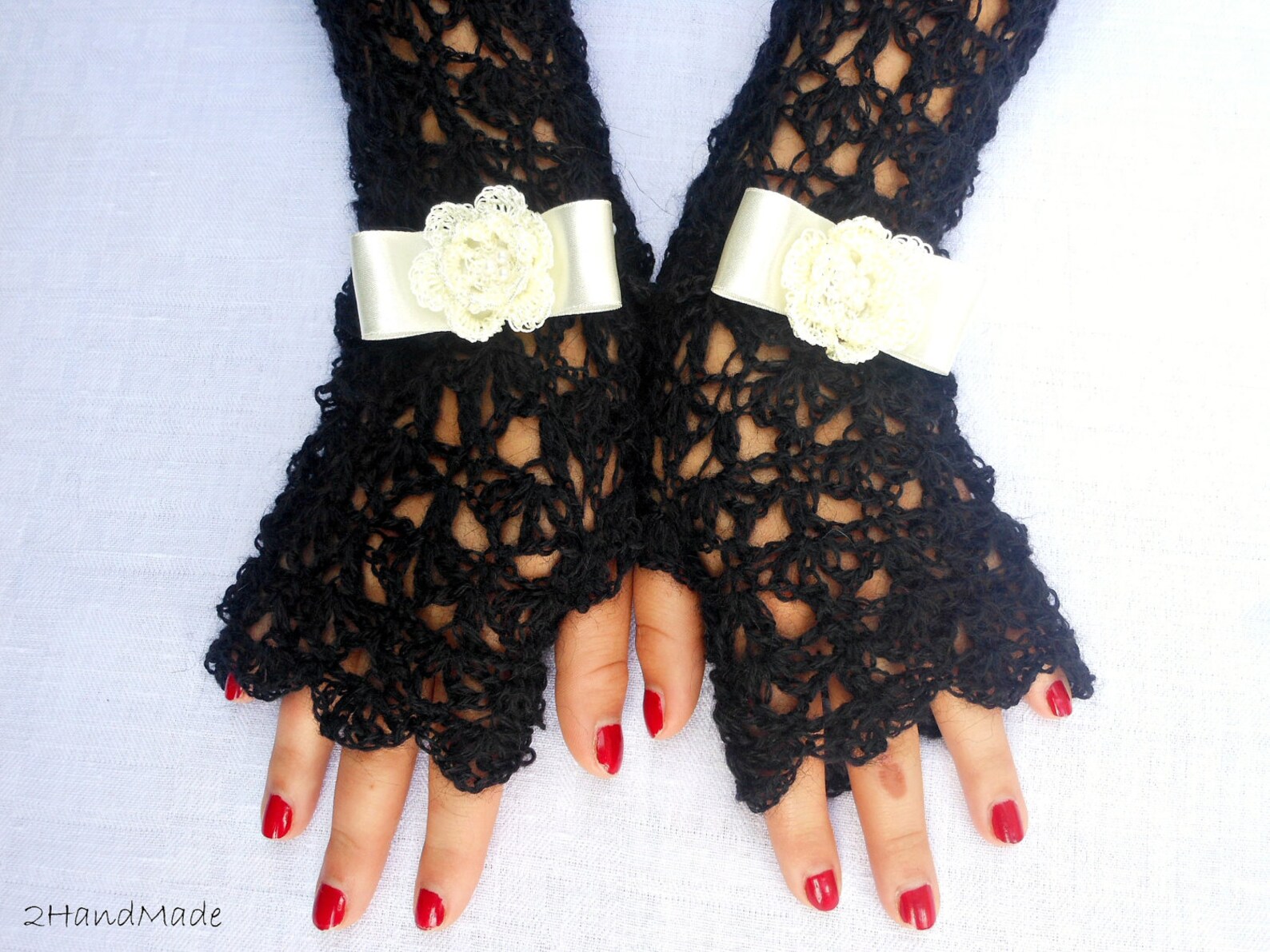 Lace Crochet Angora Fingerless Gloves: Black Hand Warmers With ...