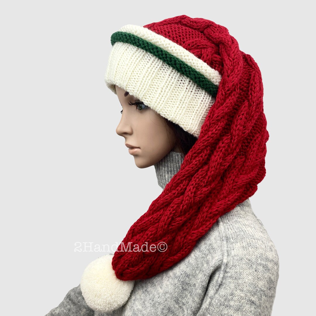Hand Knit Merino Wool Santa Hat: Red, Cream, White Beanie With Pom Pom ...