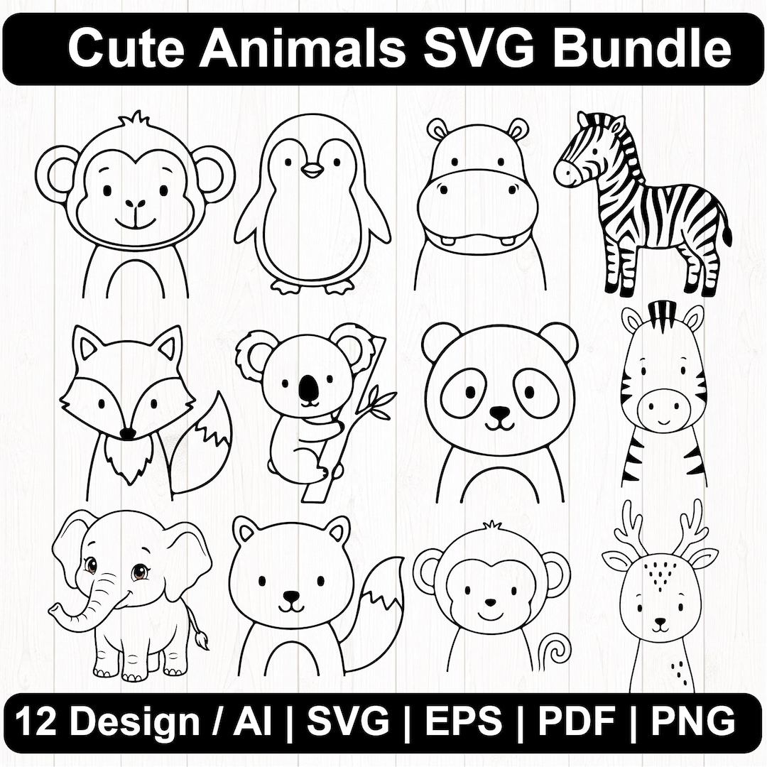 Cute Animal SVG Bundle | Baby Animal Outline SVG | Kids Animal Clipart ...