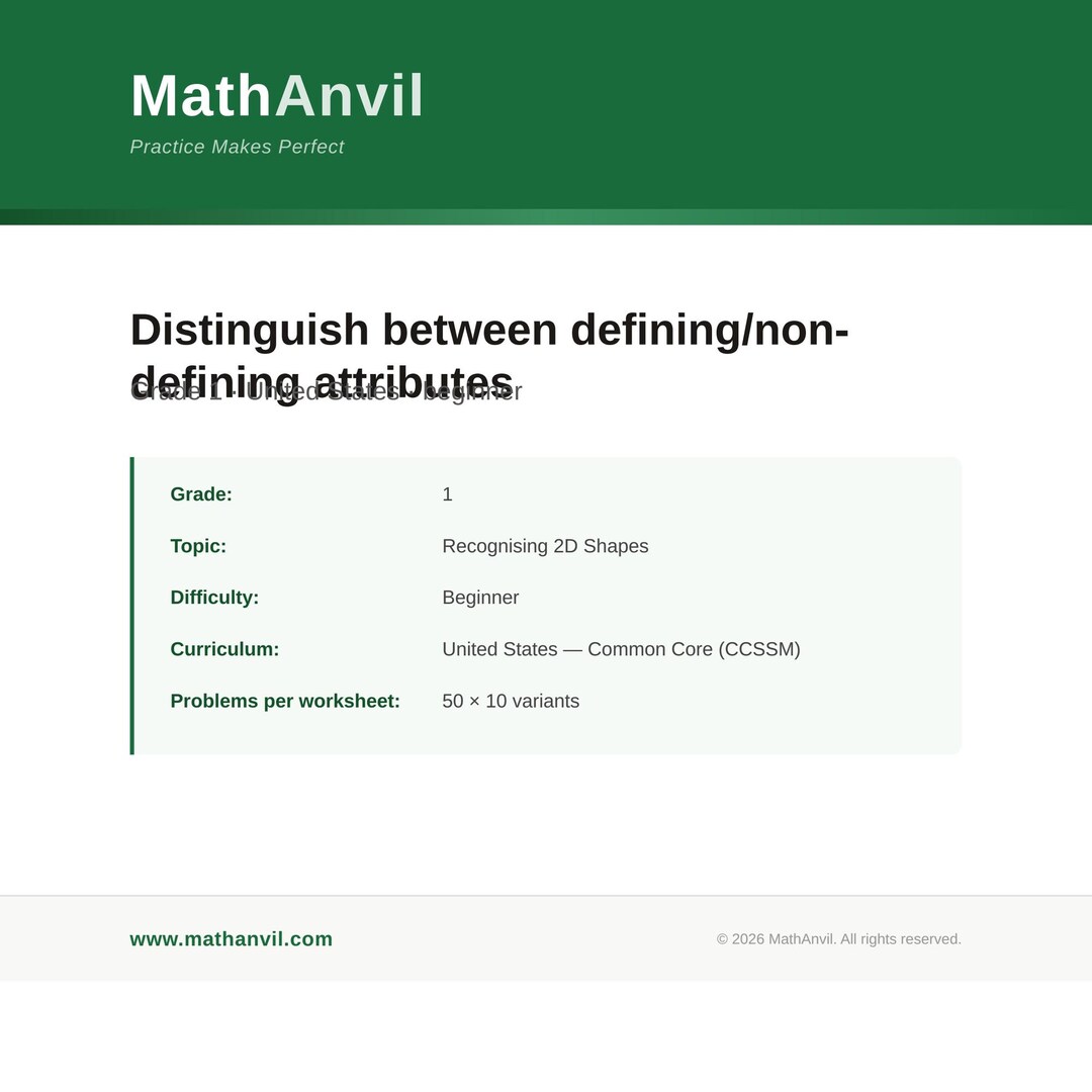 Grade 1 2D Shapes Worksheets | Defining Vs Non-defining Attributes | 50 ...