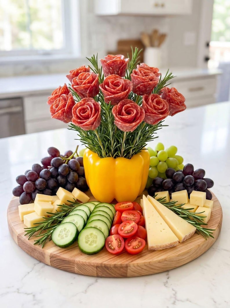 Salami Rose Bouquet Snack Board | Printable Spring Grazing Board Guide ...