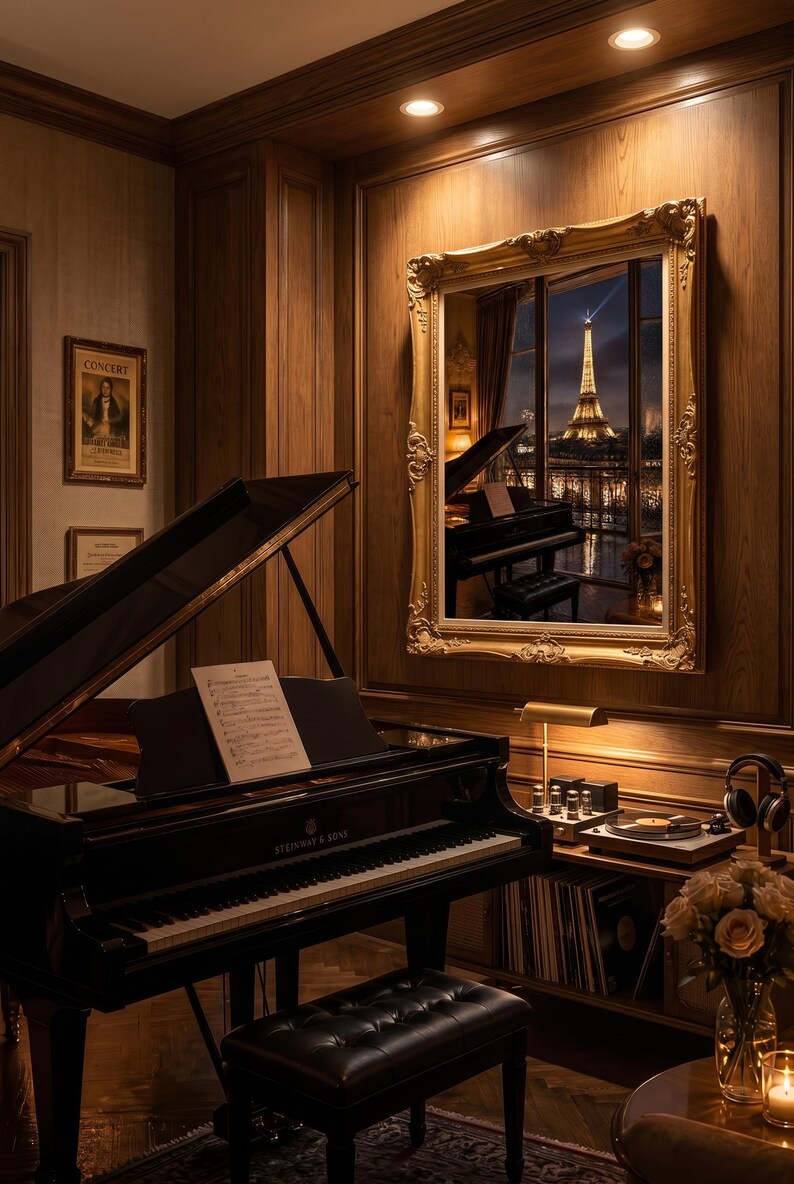 Paris Nocturne Eiffel Tower Print | Romantic Piano Music Room Art ...
