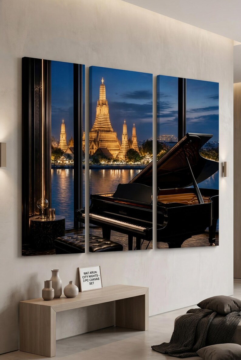Siam Nocturne Piano Wat Arun Wall Art, Thai Temple Moonlight Print ...