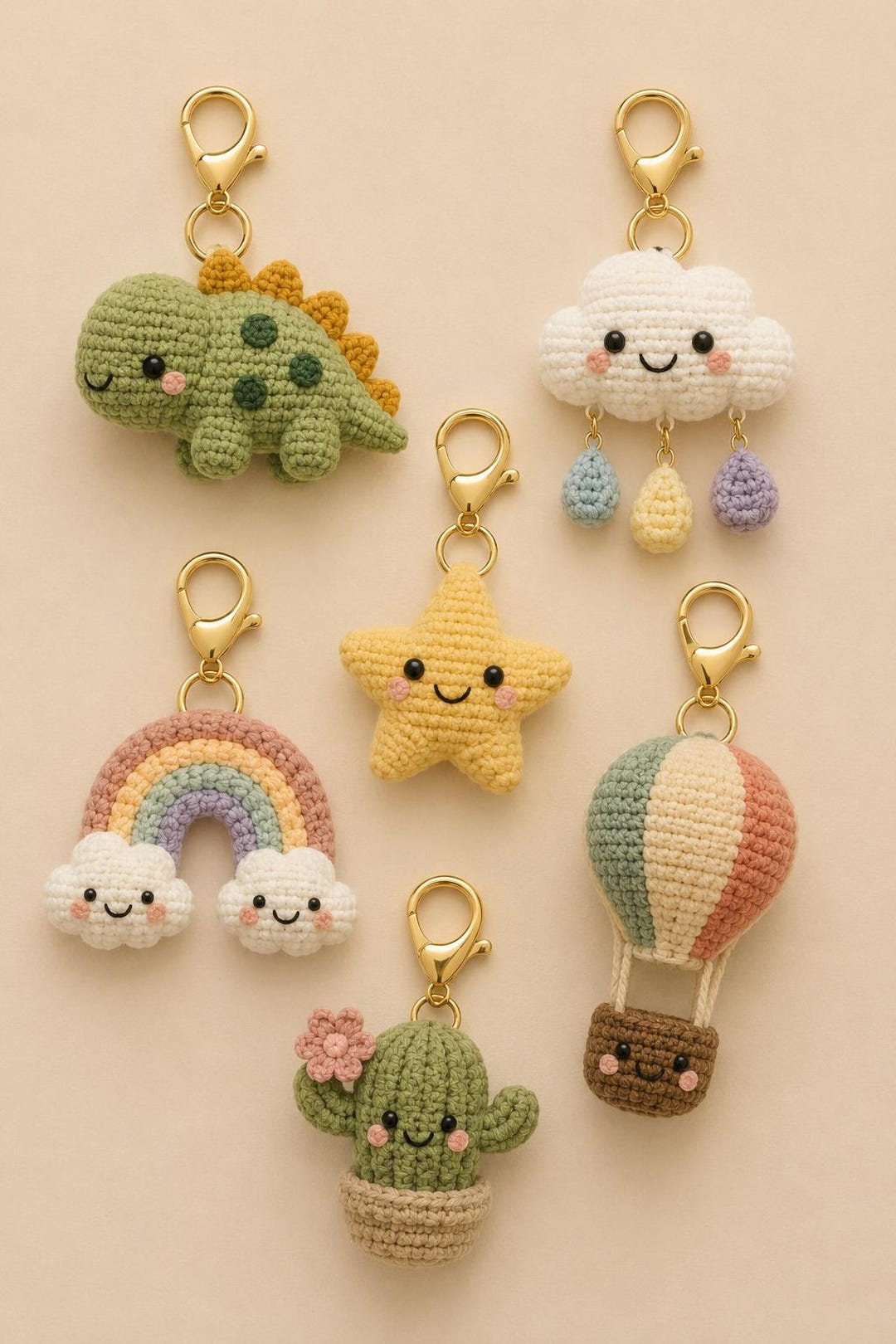 Amigurumi Keychain Crochet Pattern Bundle, Kawaii Dinosaur, Cloud, Star ...