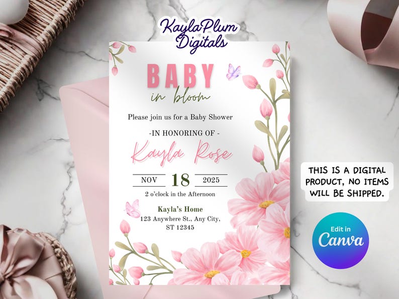 Floral Baby in Bloom Invitation Blush Pink Invite Baby Girl Shower ...