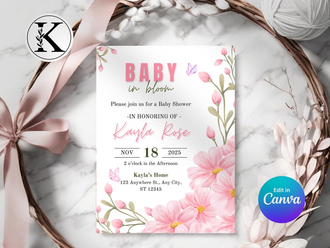 Floral Baby in Bloom Invitation Blush Pink Invite Baby Girl Shower ...