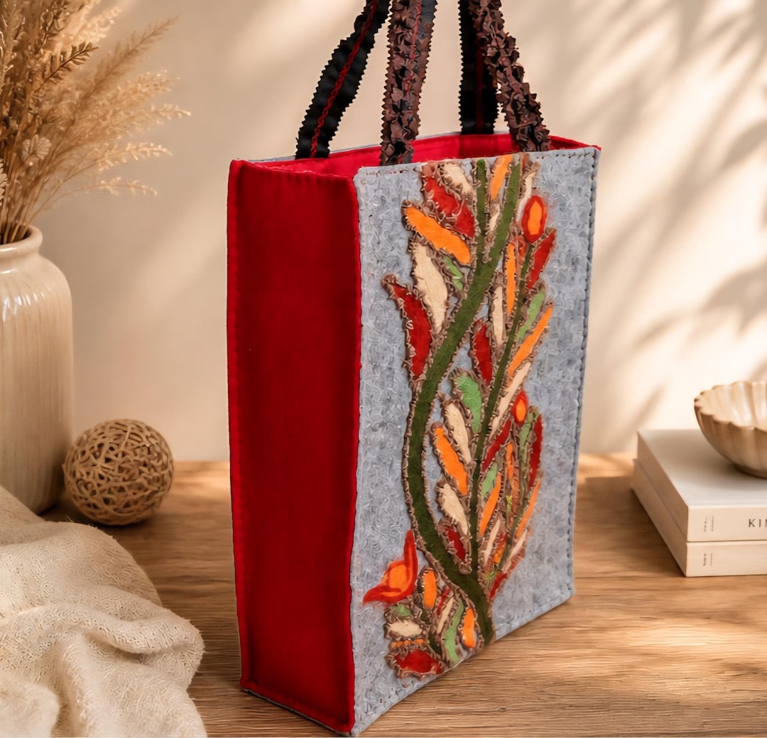 Handmade Wool Felt Tote Bag – Large Artisan Fabric, Bouclé Yarn Handles ...