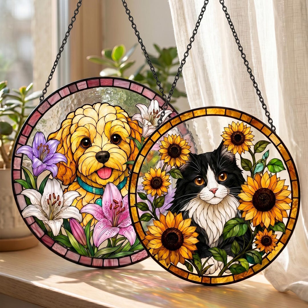 Pet Sun Catcher, Stained Glass Window Art, Dog Cat Home Decor, Colorful ...