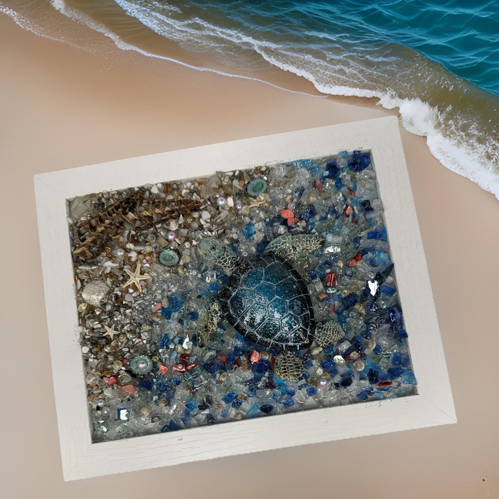 5x7 Blue Turtle Coastal Art White Frame With Blue Glass Water, Rocky ...
