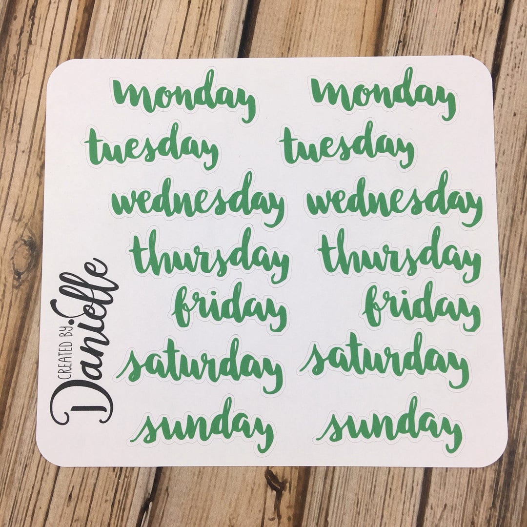 Green Days of the Week Stickers, Journal Planner Stickers, Word ...