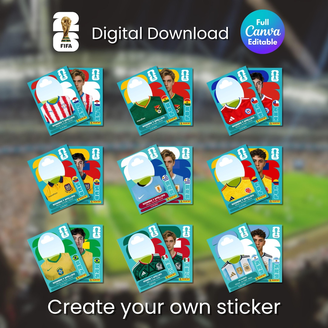 World Cup Sticker Templates Bundle | 10 Teams, Canva Editable (digital ...