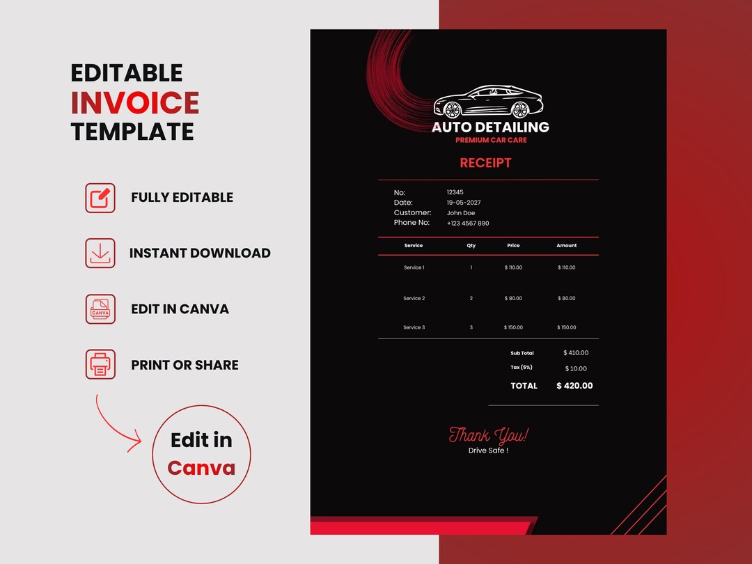 Car Detailing Invoice Template Canva, Auto Repair Receipt Template ...