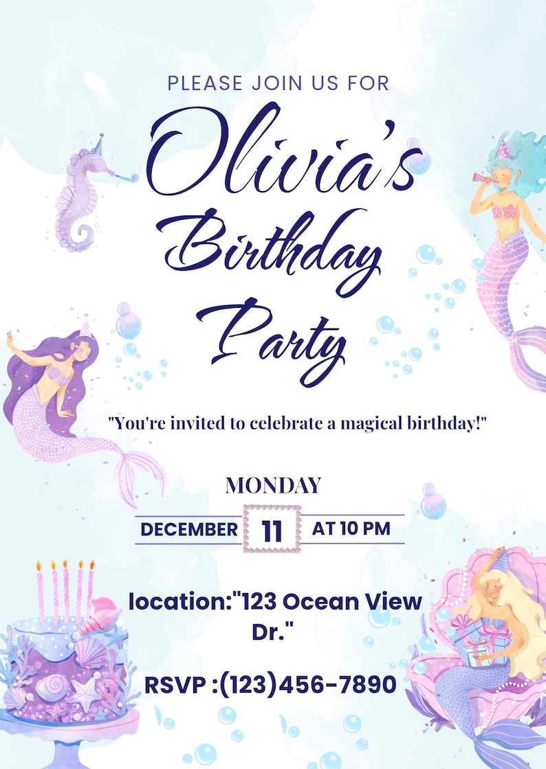 Editable Mermaid Birthday Invitation, Under the Sea Party Template ...