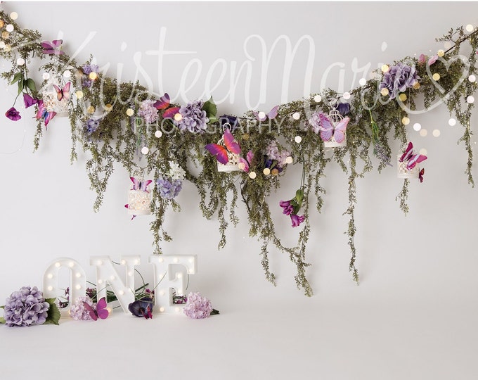 Purple Butterfly Fairy Garden Digital Backdrop - Puprle and Greenery ...
