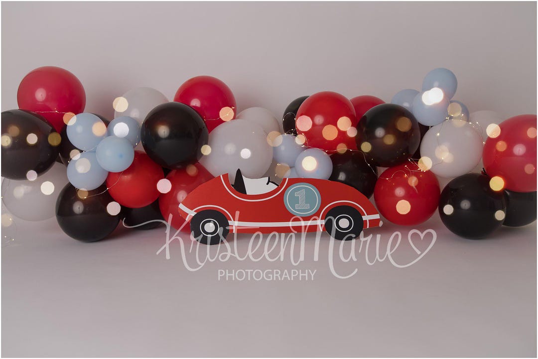 Digital Backdrop Race Car Themed Balloon Garland - Black, White, Red ...