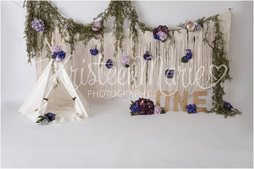 Cake Smash Digital Backdrop for Girl - Boho Floral Macrame, Teepe, and ...