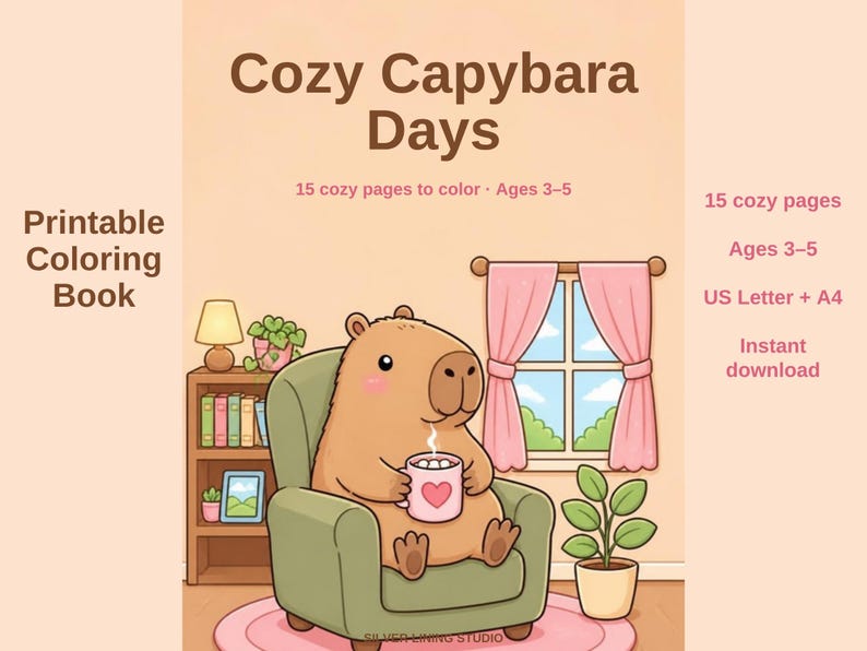 Cozy Capybara Coloring Book, 15 Printable Pages for Kids Ages 3-5 (PDF ...