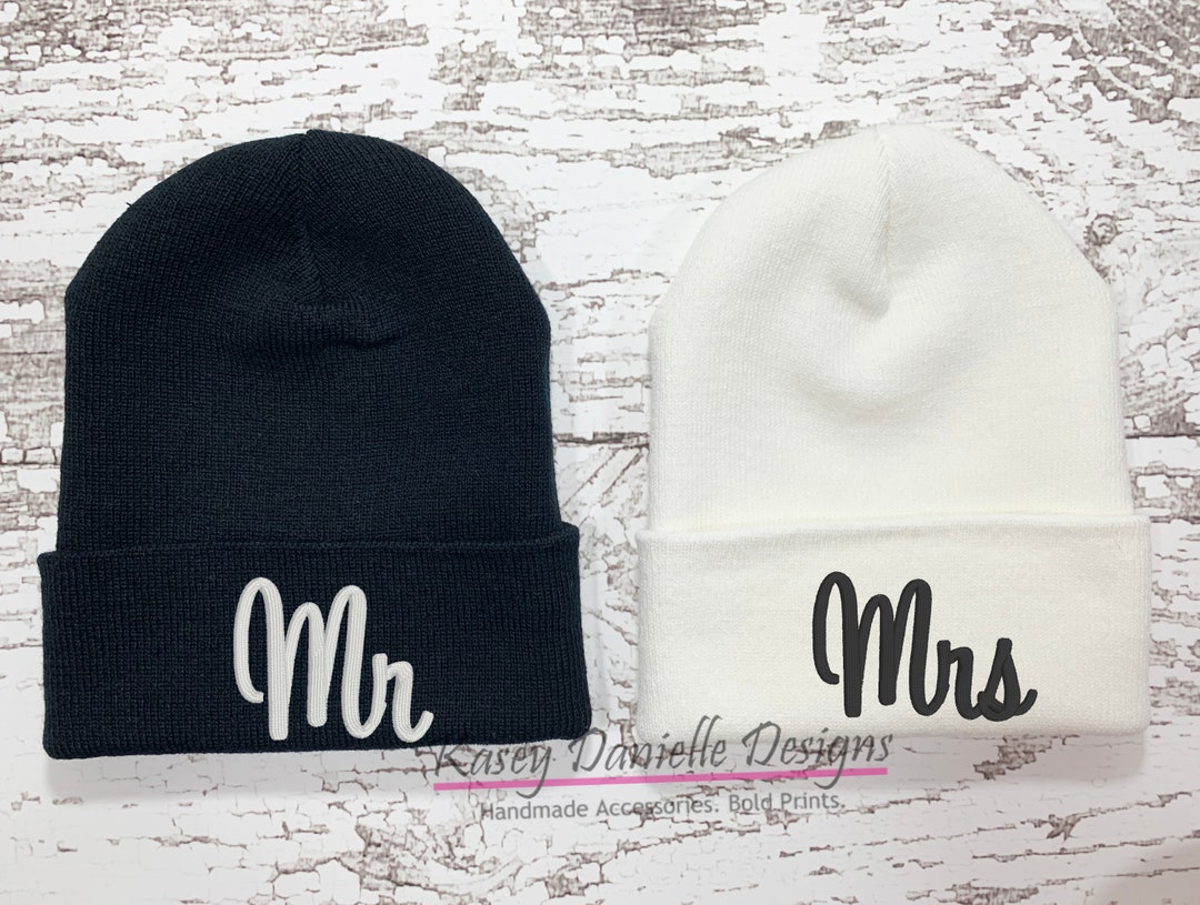 Mr and Mrs Embroidered Beanies, Knit Wedding Beanie, Black and White ...