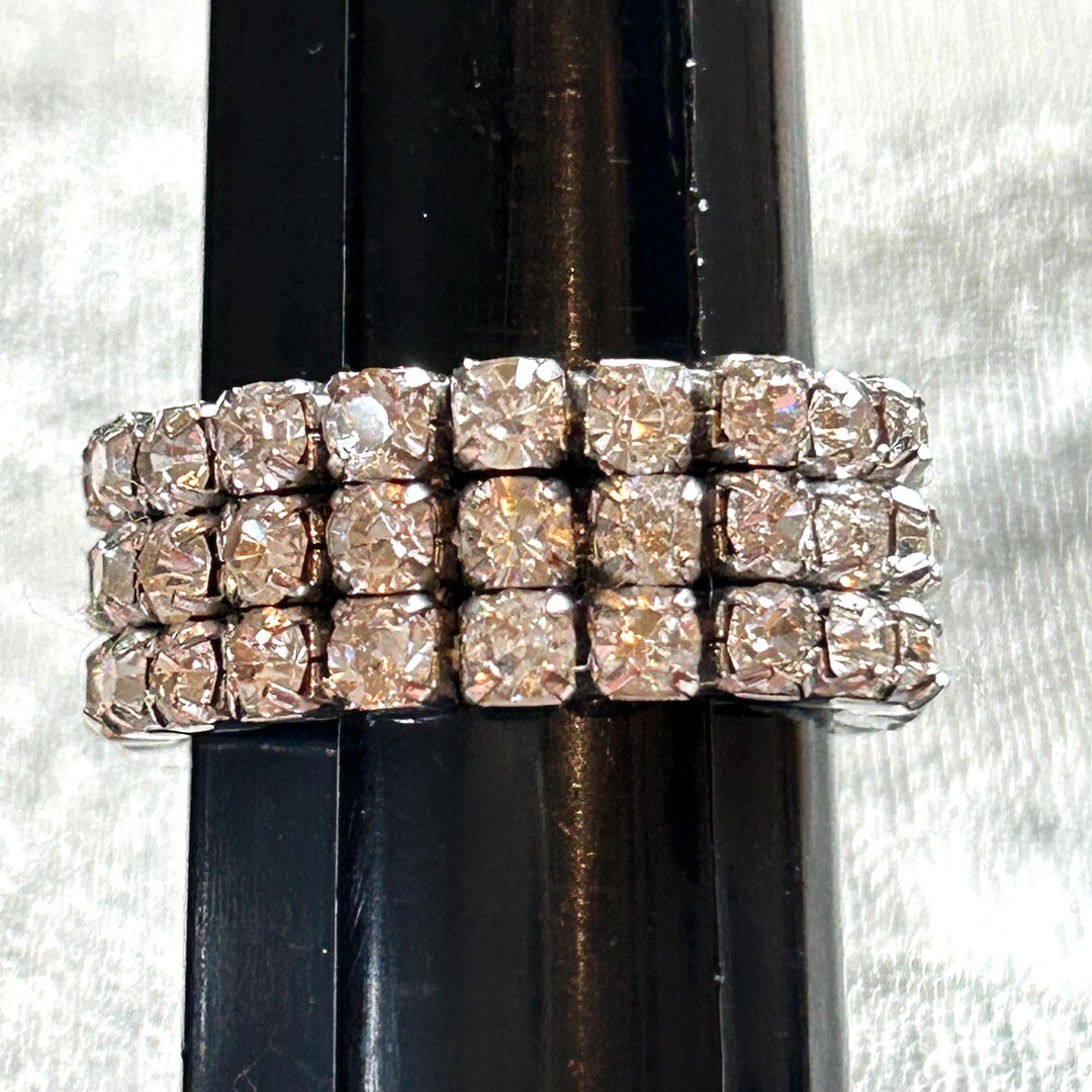Stretchable Ring in Clear Rhinestones Three Strand Non Magnetic Silver ...
