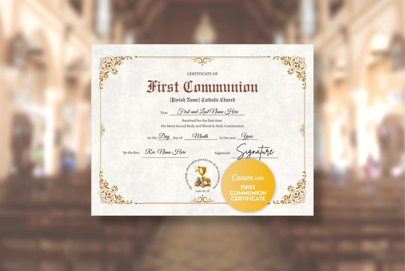 First Holy Communion Certificate Template | Catholic Template | Canva ...